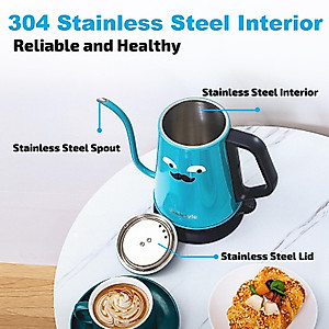 Smartyle Gooseneck Electric Kettle with Mustaches, 1000W Cartoon Electric Tea Kettle of 304 Stainless Steel, Cute Hot Water Kettle with Auto Shut Off, 1.0L Colorful Pour Over Coffee Kettle-Blue