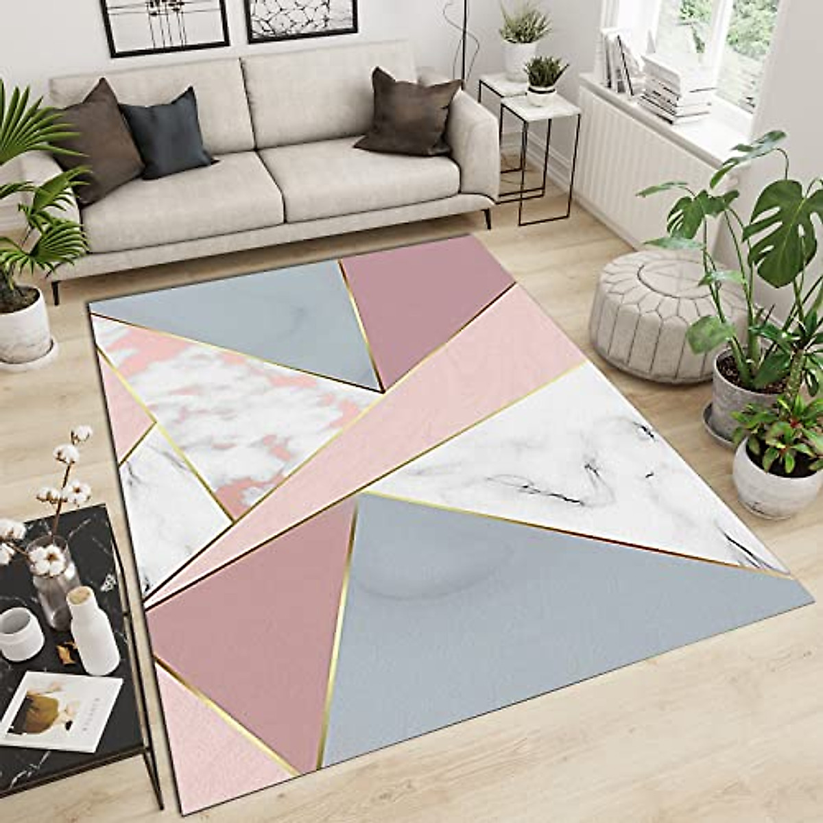 Pink White Grey Marble Texture Area Rug, Gradient Abstract Minimalist Decorative Carpet, Washable Portable Breathable Soft Comfortable for Bedroom Living Room Study Game Room6x8ft