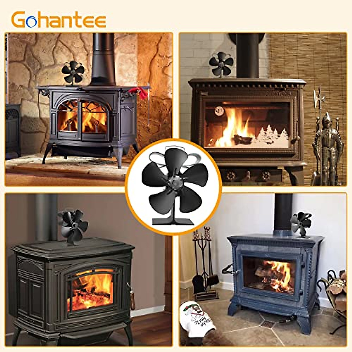 Gohantee 5 Blade Wood Stove Fan, Heat Powered, Ultra Silent, Eco-Friendly, Circulates Warm Air for Gas, Pellet, Wood Log Stoves with Thermometer