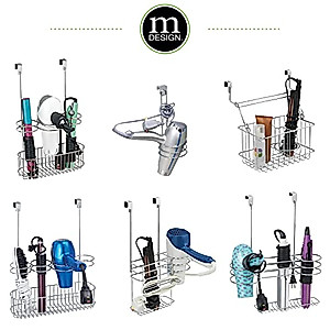 mDesign Metal Bathroom Storage Tool Organizer Accessory Basket Tray - Hang Over Cabinet Door - Storage for Hair Dryer, Straightener, Curling Iron & Hair Styling Products - Concerto Collection - Chrome