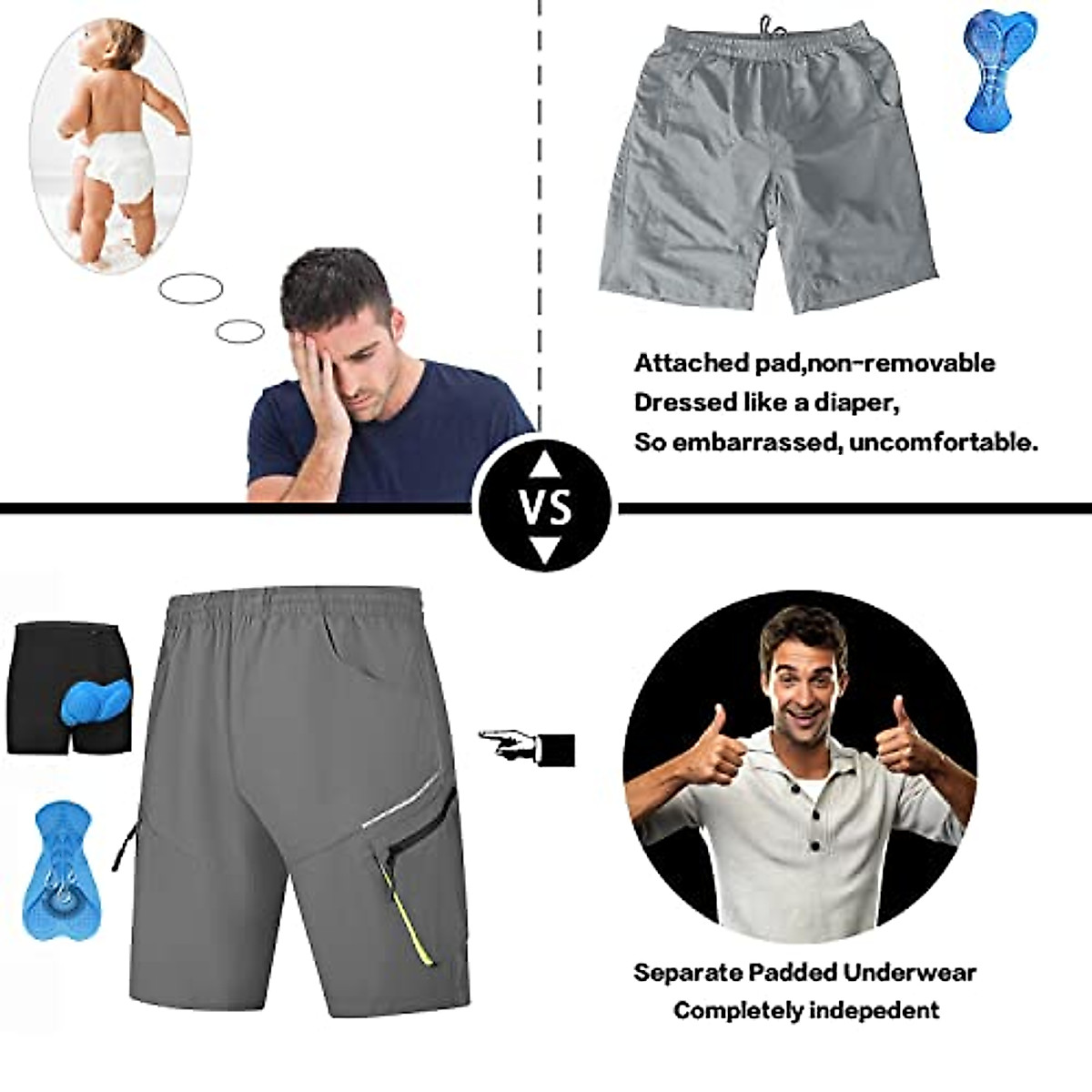 Nomolen Men's Mountain Bike Shorts 3D Padded Lightweight Quick Dry MTB Cycling Bicycle Shorts Loose-Fit B-Grey