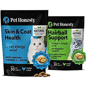 Pet Honesty Cat Skin & Coat Health & Hairball Support Bundle: Omegas & Biotin Chews for Shiny Coat & Furball Remedy (Chicken 30-Day Supply)