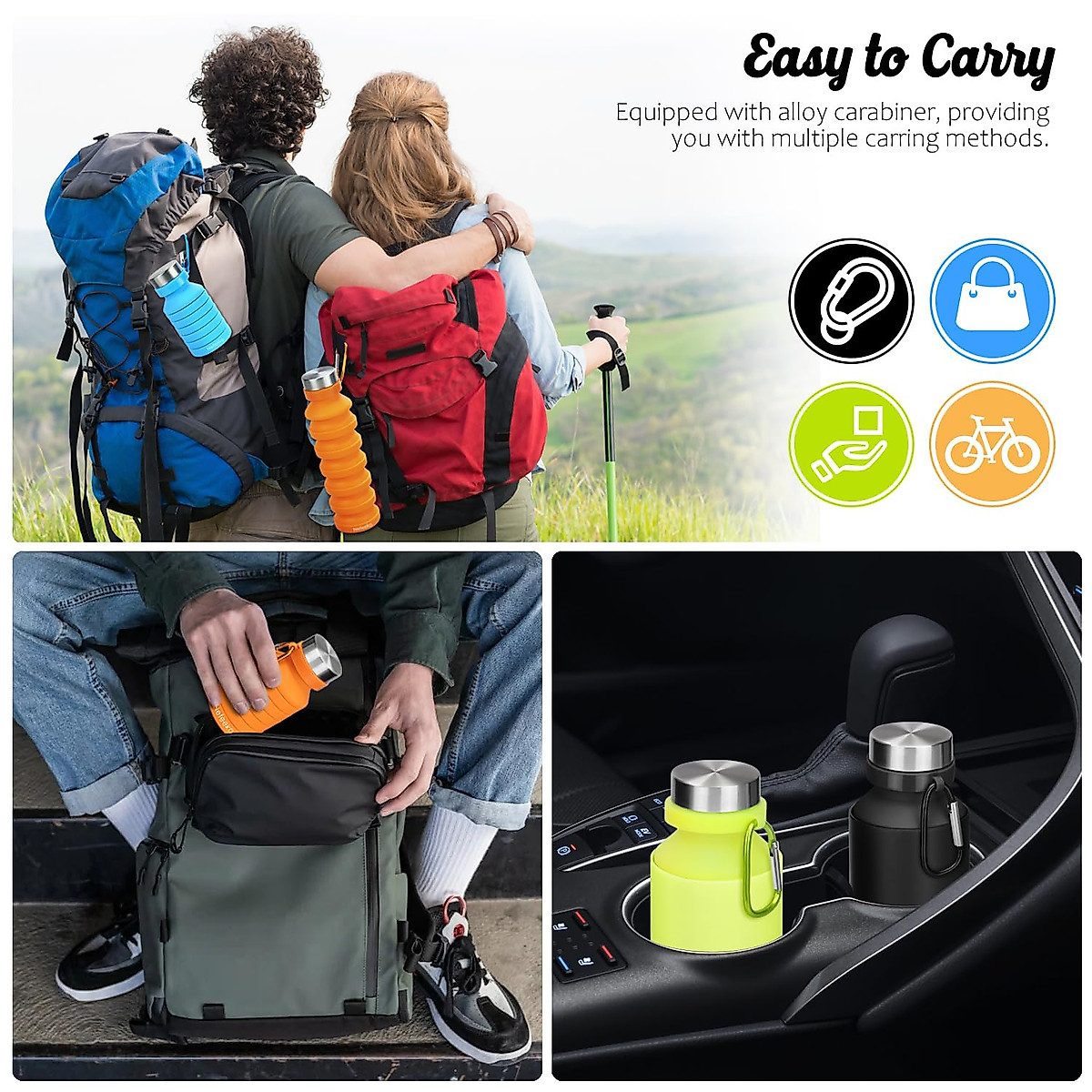 Nefeeko Collapsible Water Bottle, Reuseable BPA Free Silicone Foldable Bottles for Travel Gym Camping Hiking, Portable Leak Proof Sports Water Bottle with Carabiner