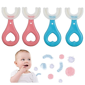 4PCS Kids U-Shaped Toothbrush,360° Toothbrush Kids,Food Grade Soft Silicone Brush Head,Oral Teeth Cleaning Design(Blue+Pink, 2-6 Ages)