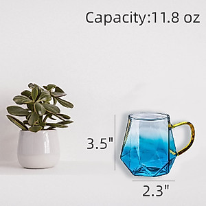 Pturey Gradient Blue Heat Resistant Glass Coffee Cups Set Of 4, Crystal Diamond Shape 11oz Glass Espresso Cups, Borosilicate Glass Tea Cups