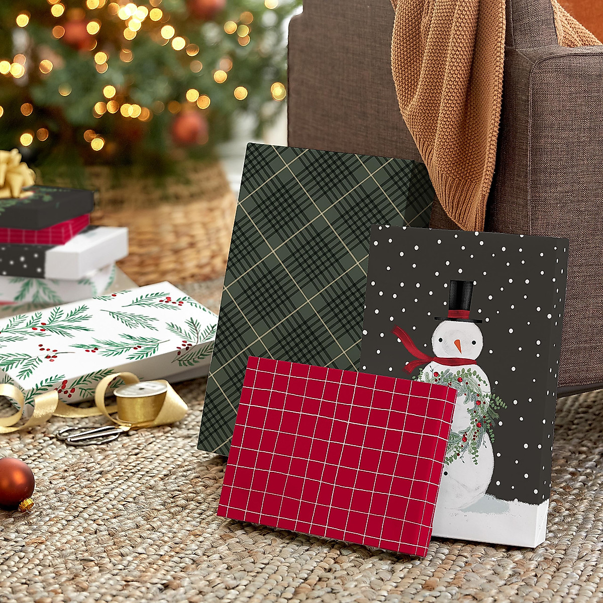 Hallmark Christmas Shirt Boxes for Presents (10 Clothes Boxes with Lids: 3 Small 11", 5 Medium 14", 2 Large 16") Red, Green and Black Plaid, Snowmen, Santa, Winter Greenery