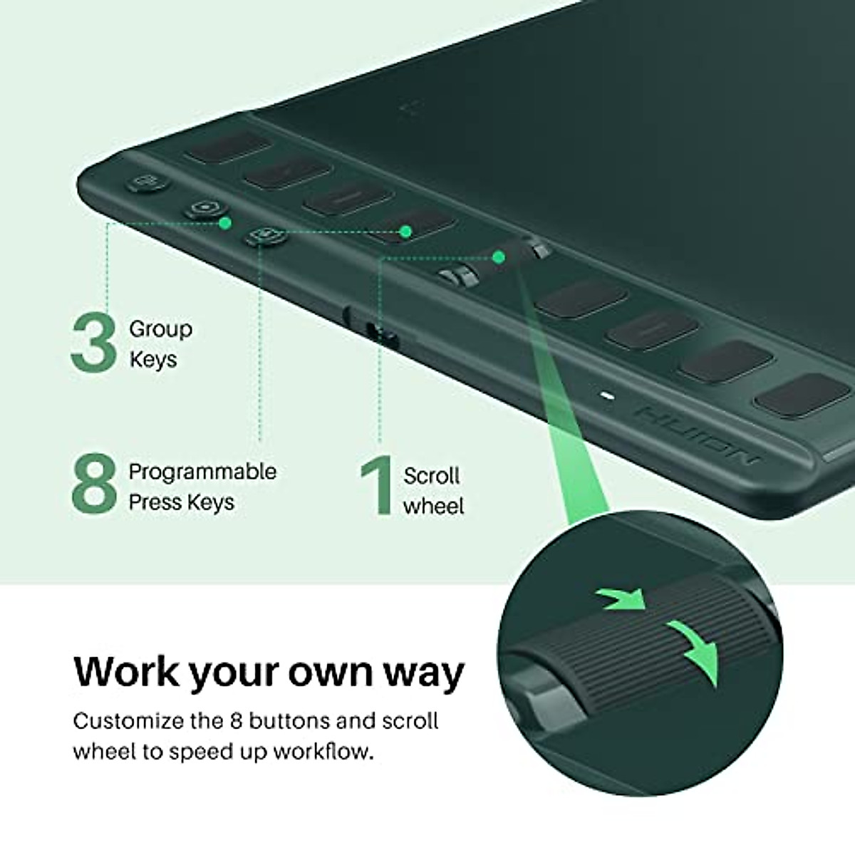 2023 HUION Inspiroy 2 Medium Drawing Tablet with Scroll Wheel 8 Customized Keys Battery-Free Stylus for Digital Art, Design, Sketch, 9x5inch Graphics Tablet Works with Mac, PC & Mobile, Green