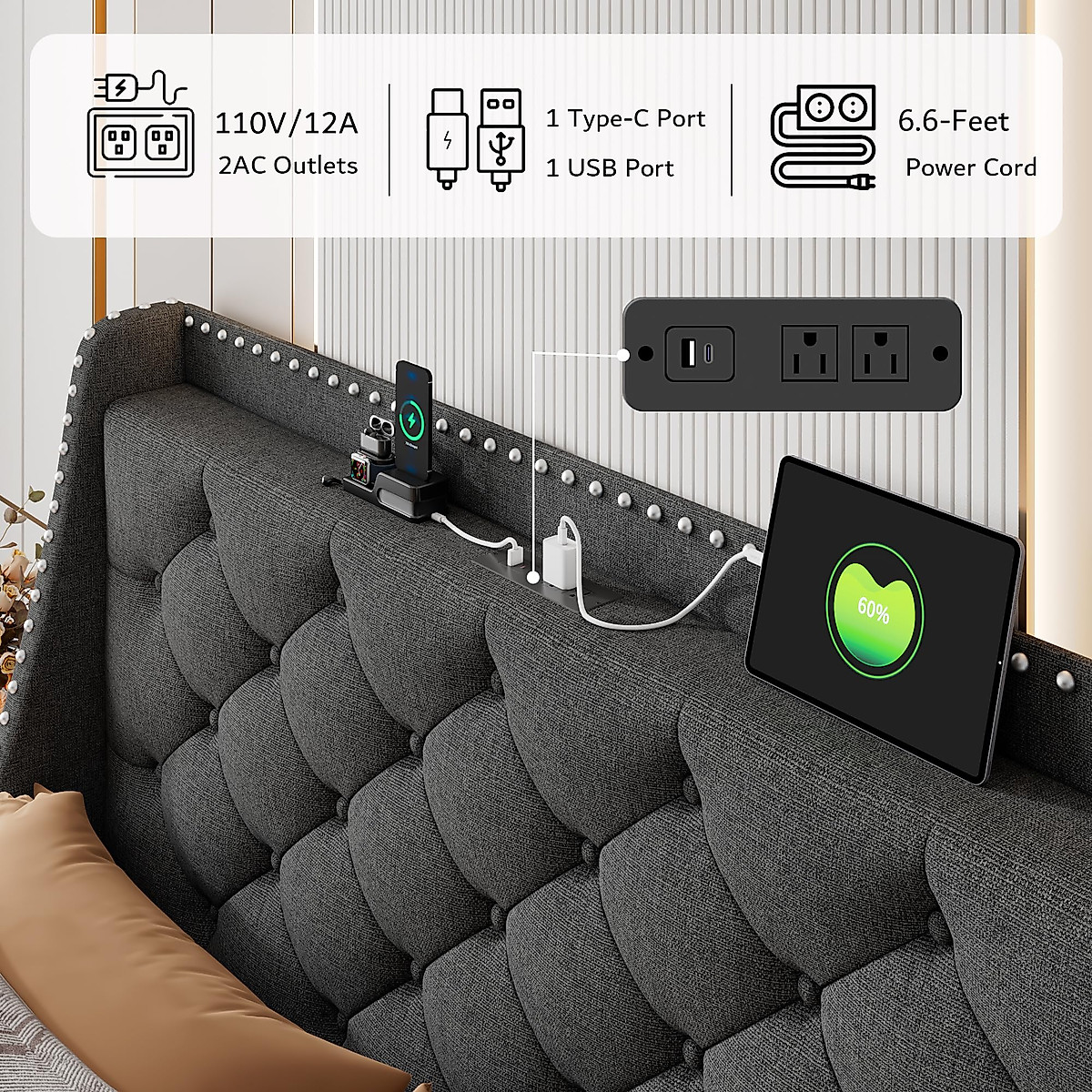 iPormis Queen Bed Frame with 16" Comfort Wingback & Charging Station, Upholstered Platform Bed with Button Tufted Storage Headboard, Solid Wood Slats Support, No Box Spring Needed, Dark Grey