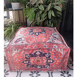 RISEON Boho Contemporary Cotton Linen Fabric Pouf Cover Footstool Ottoman Poufs Unstuffed-Square Floor Cushion Footrest Cover for Living Room, Bedroom and Under Desk (Red)