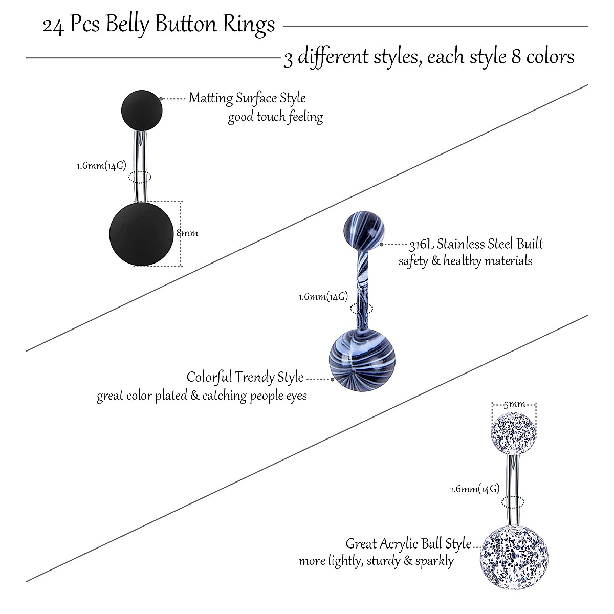 EVELICAL 24Pcs 14G Stainless Steel Belly Button Rings for Women Screw Navel Bars Body Piercing Jewelry Set Style 2