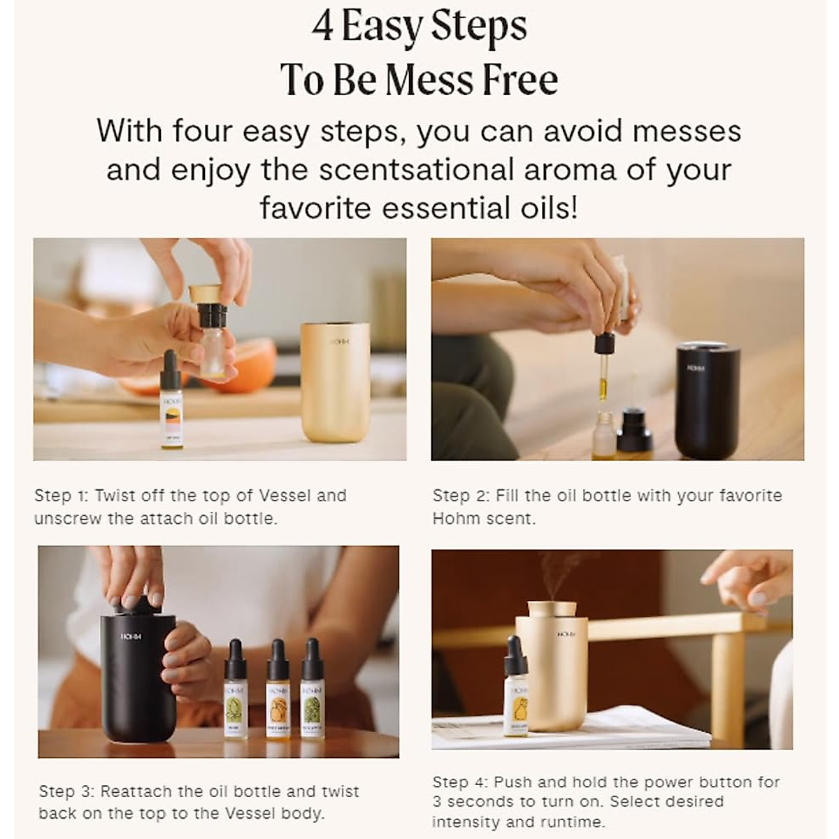 Hohm Vessel Diffuser - Portable Essential Oil Atomizer Diffuser for Essential Oils - Waterless Essential Oil Diffuser - Adjustable Scenting, Chargeable & 450 SQ-FT Coverage - Black