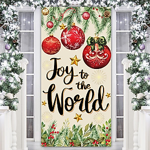 VitalCozy Merry Christmas Joy to the World Christmas Door Cover Xmas Balls Christmas Door Decorations Pine Cone Christmas Backdrop Banner Holiday Background Banner for Front Door Xmas Party Decor