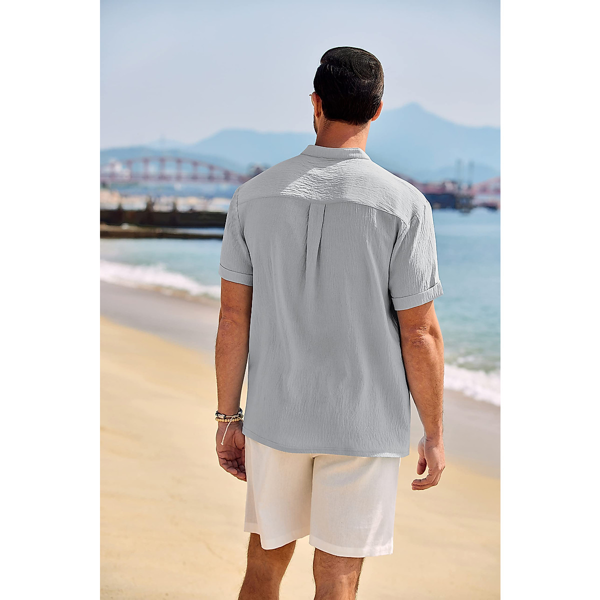 COOFANDY Men Hippie Beach T Shirts Band Collar Henley Shirt Summer Resort Wear Light Grey