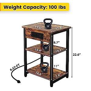 End Tables Set of 2 with Charging Station and USB Ports, 3-Tier Narrow Side Table Bedside Table with Power Outlets for Small Space Living Room Bedroom, Nightstands with Storage Shelves, Rustic Brown
