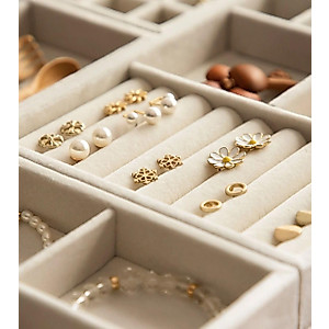 Elsjoy Set of 8 Velvet Jewelry Tray, Drawer Insert Divided Storage Holder Stackable Jewelry Organizer, Necklace Bracelet Display Tray for Earring, Ring, Brooch, Watch, 8.3"x5"x1" Beige 4 Styles