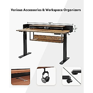 BANTI 55"x24" Standing Desk Adjustable Electric Height with Monitor Stand, Double Storage Shelves Stand Up Desk, Home Office Workstation Sit Stand up Desk (Rustic Brown)