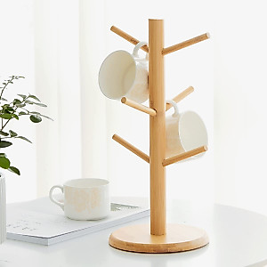 Coffee Mug Holder for Counter, Bamboo Coffee Mug Tree Stand, Removable Coffee Mug Rack with 6 Hooks Mug Shelf, Coffee Cup Holder, Can be Used as Bracelet Jewelry Holder, Scrunchie Holder Organizer