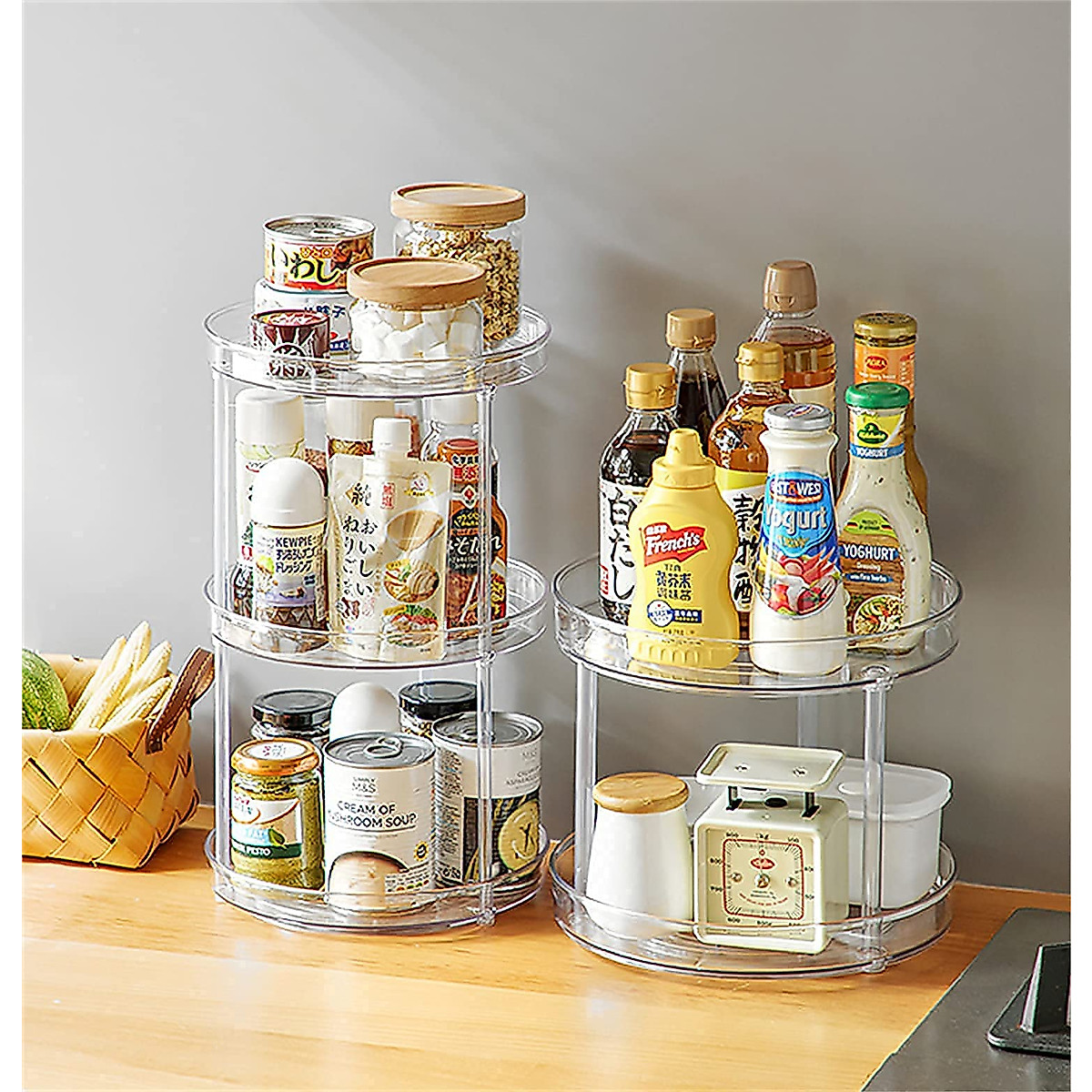 Amasses 2 Tier Clear Lazy Susan Organizer, 360 Degree Rotating Round Lazy Susan Turntable 9" Non-Skid Rotating Organization Storage Container for Kitchen, Cabinet, Pantry