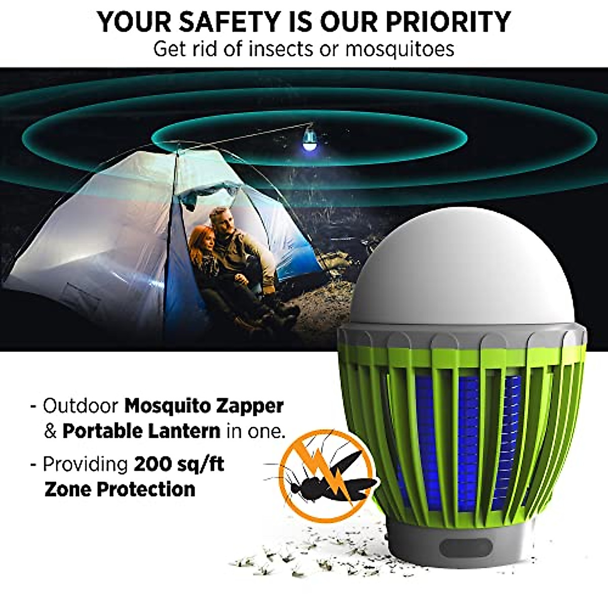 Zapout Camping Lantern Bug Buster Bulb Zapper Tent Light Portable Led and Emergency Lamp with Waterproof Mosquito Repellent Fly Killer USB 2000mAh Rechargeable Battery for Outdoor (Lime Green)