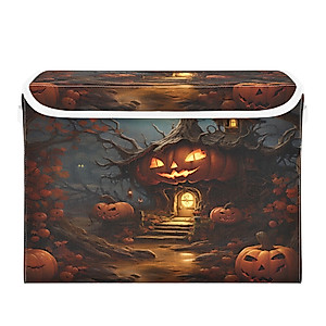 SUABO Halloween Pumpkin Castle Storage Bin with Lid Large Oxford Cloth Storage Boxes Foldable Home Cube Baskets Closet Organizers for Nursery Bedroom Office