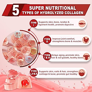 Sugar-Free Hydrolyzed Collagen Peptide Filled Gummies,Extra Strength 1500mg Protein Type I,II,III,V,X with 5000mcg Biotin Vitamin C A E D3 B6 B12 for Immune Digestion Skin Hair Nails Energy Bone Joint