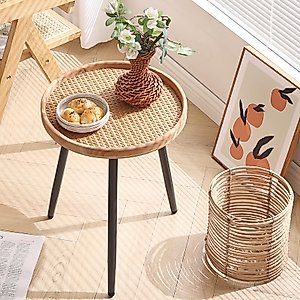 LITA Rattan Log Desktop Round Side End Table, Nightstand/Small Tables, Indoor Outdoor Wooden Tray Table with Metal Stand End Table for Living Room Bedroom Office Small Spaces