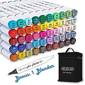 Shuttle Art 51 Colors Dual Tip Alcohol Based Art Markers, 50 Colors plus 1 Blender Permanent Marker Pens Highlighters with Case Perfect for Illustration Adult Coloring Sketching and Card Making