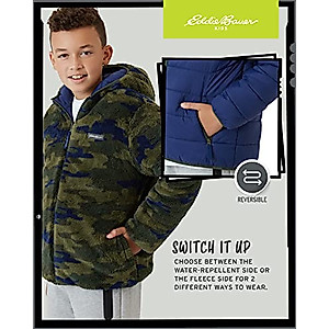 Eddie Bauer Boys' Reversible Jacket - Deer Harbor Waterproof Lightweight Puffer Coat with Faux Shearling Lining (5-20), Size 18-20, Navy
