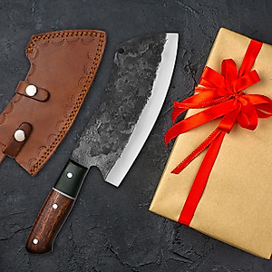 TheMohrim Full Tang Butcher Knife: Premium Meat Cutting Chopper - The Ultimate Chef's Choice for Dicing & Mincing (Rose Wood Micarte Handle)