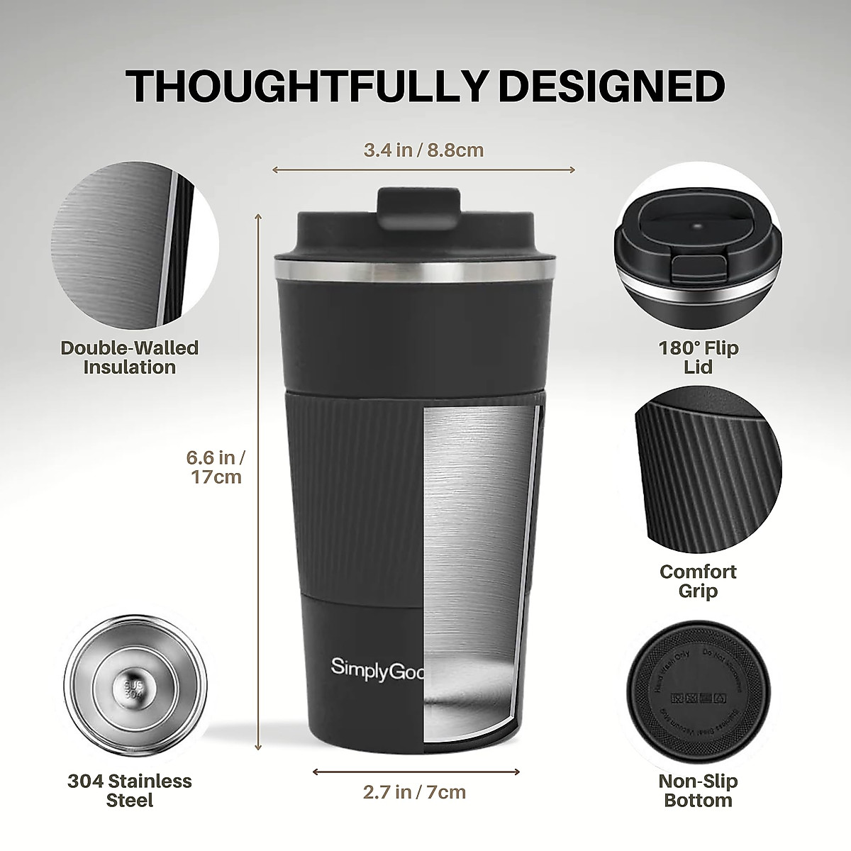 Simply Good Coffee Insulated Travel Tumbler. Black Tumber, Coffee Tumblers with Spill-Proof Flip Lid 17 oz, Stainless Steel Coffee Mug. Thermos Cup, Keeps Cold and Hot for 4 hours