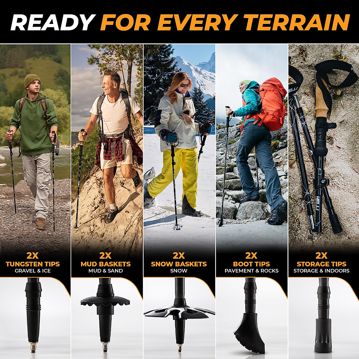 Foxelli Folding Trekking Poles – 2-pc Ultra Compact Hiking Poles for Men & Women, Lightweight Strong Aluminum 7075 Collapsible Foldable Walking Sticks with Flip Locks, 4 Season All Terrain Accessories