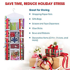 ProPik Hanging Double Sided Wrapping Paper Storage Organizer With Multiple Front And Back Pockets Organize Your Gift Wrap & Gift Bags Bows Ribbons 40”X17 Fits 40 Inch Rolls (White)
