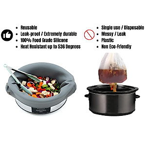 Silicone Crock Pot Liners Large Size w/Tongs | Single Reusable Silicone Slow Cooker Liner | Flexible Slow Cooker Liners 3-8 Quart Pots | Easy Clean Crock Pot Liner Bags | Crock Pot Liners 3-8 Quarts