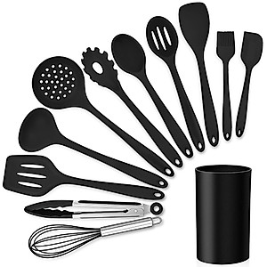 LIANYU 12-Piece Black Silicone Kitchen Cooking Utensils Set with Holder, Kitchen Tools Include Slotted Spatula Spoon Turner Ladle Tong Whisk, Dishwasher Safe