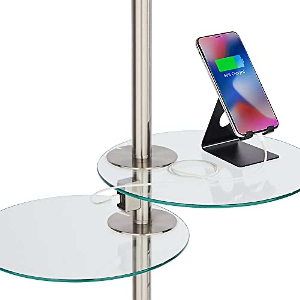 Possini Euro Design Concierge Modern Floor Lamps 63" Tall Set of 2 with Double Tray Table USB Charging Port Brushed Nickel Drum Shades Decor for Living Room Reading House Bedroom Home