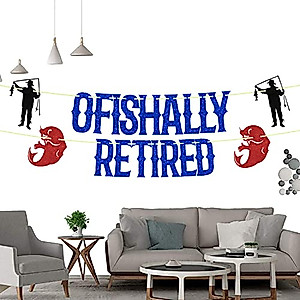 Ofishally Retired Banner, Happy Retirement ,Fishing Themed Retirement Party Decoration, Gone Fishing Themed Party Decoration(Double-sided Glitter)