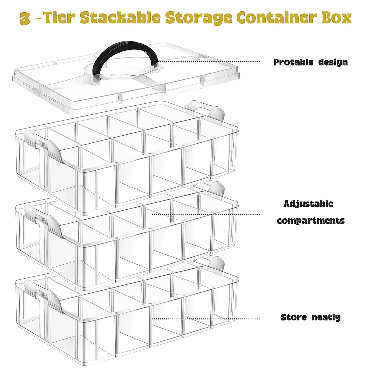 Teenyyou 4 Pcs 3 Tier Stackable Craft Organizers and Storage Bead Organizers with 30 Adjustable Compartments Storage Box Jewelry Making Organizers and Storage for Arts, Jewelry, Dolls, Washi Tape