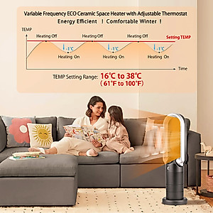 OceanLoong Bladeless Fan & Space Heater in One, Tower Fan for Bedroom Home,1500W Electric Heater with Adjustable Thermostat, Tip-Over Switch, Remote, Timer, Oscillating Table Fan, 29inch (Grey)
