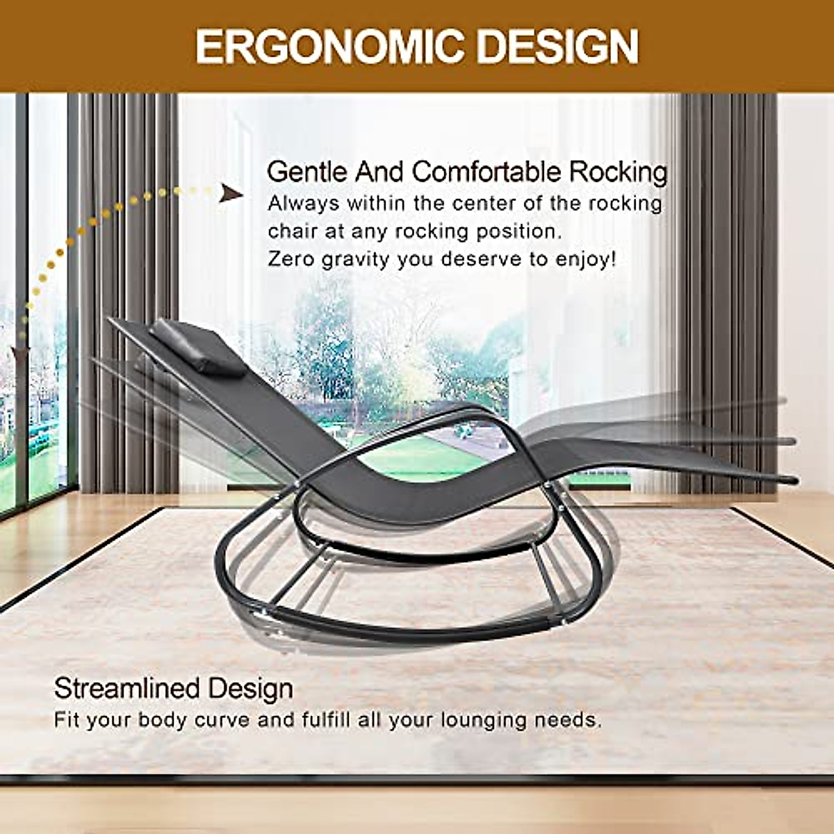 WeCooper Zero Gravity Rocking Chair, Patio Chaise for Indoor and Outdoor, Wavy Lounge Chair for Yard and Patio, Removable Headrest, Black and Silver, Twin Pack