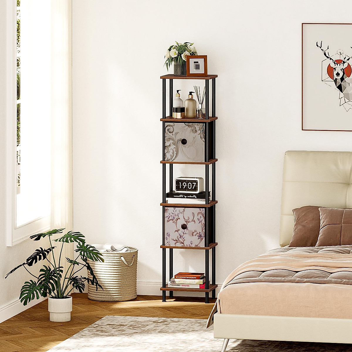 Sunghome Bookshelf, 6-Tier Bookcase with 2 Drawer, Narrow Bookshelves for Bedroom, Living Room, Free Standing Book Shelf Storage Organizer for Books, CDs, Rustic Brown