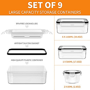 HOMETALL 18 PCS Food Storage Containers with Lids, Plastic BPA-Free Meal Prep Containers Reusable, Airtight & Leak proof Large Food Containers with Labels & Pen