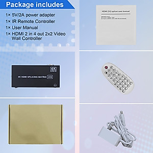 2x2 Video Wall Controller, 4K UHD Video Wall HDMI Splitter TV Wall Processor for 4 TV Splicing Display, 180 Degree Rotate and 8 Splicing Modes 2x2,1x2,1x3,1x4,2x1,3x1,4x1 with Remote Control