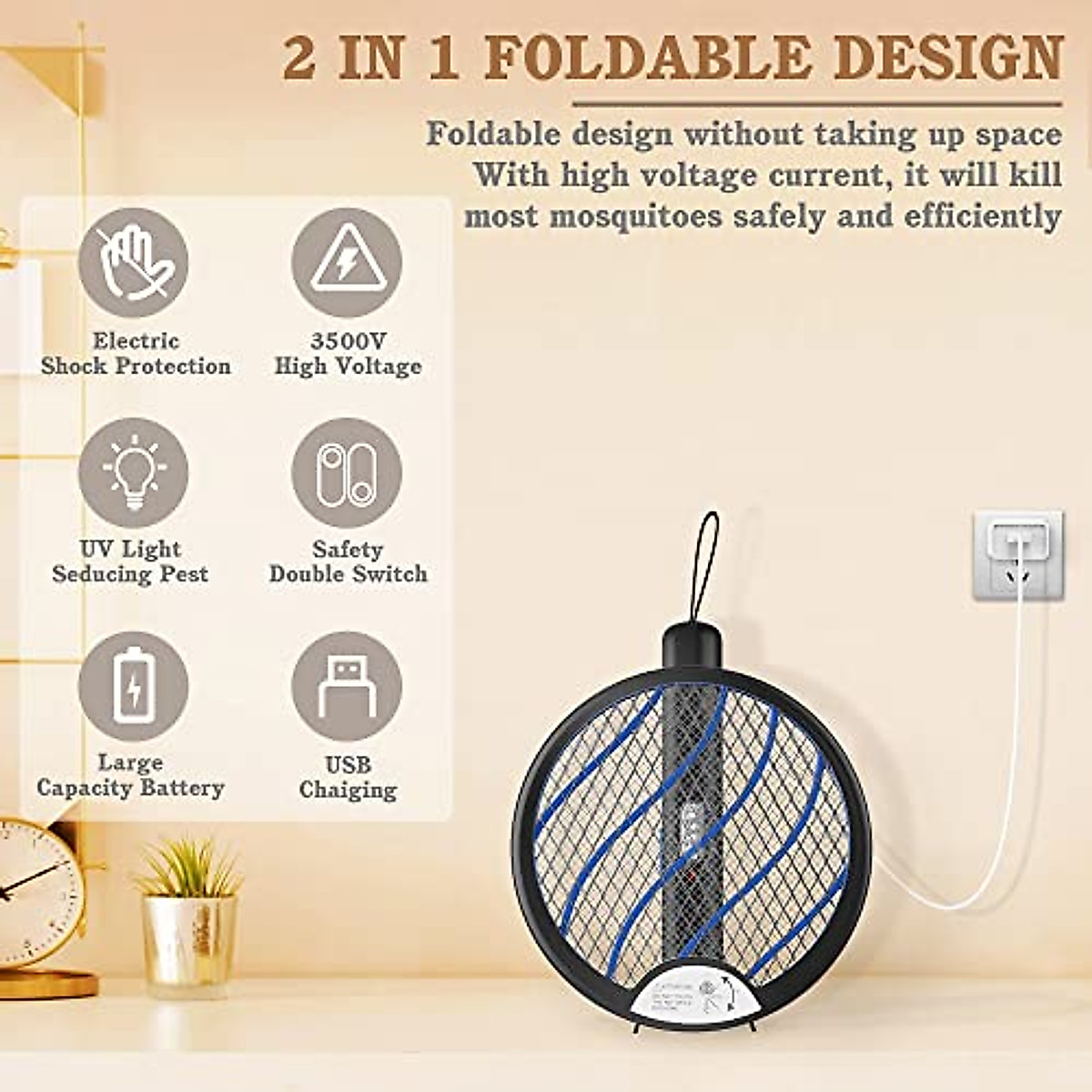 Electric Fly Swatter Racket 2 in 1 Foldable Bug Zapper Racket,3500V Fly Swatter Electric USB Rechargeable with 3-Layer Safety Mesh for Indoor and Outdoor