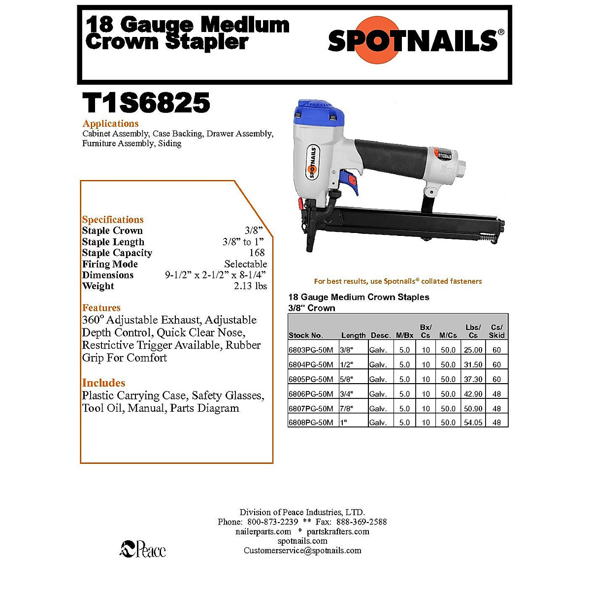 Spotnails T1S6825 Stapler w/Case Staple Gun Uses Senco M Series 3/8 Crown Staples