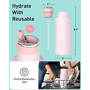 TOURIT 20oz Insulated Stainless Steel Water Bottle with Straw & Handle, Double Wall Vacuum Leakproof BPA-Free Thermos for Sports Travel, Pink