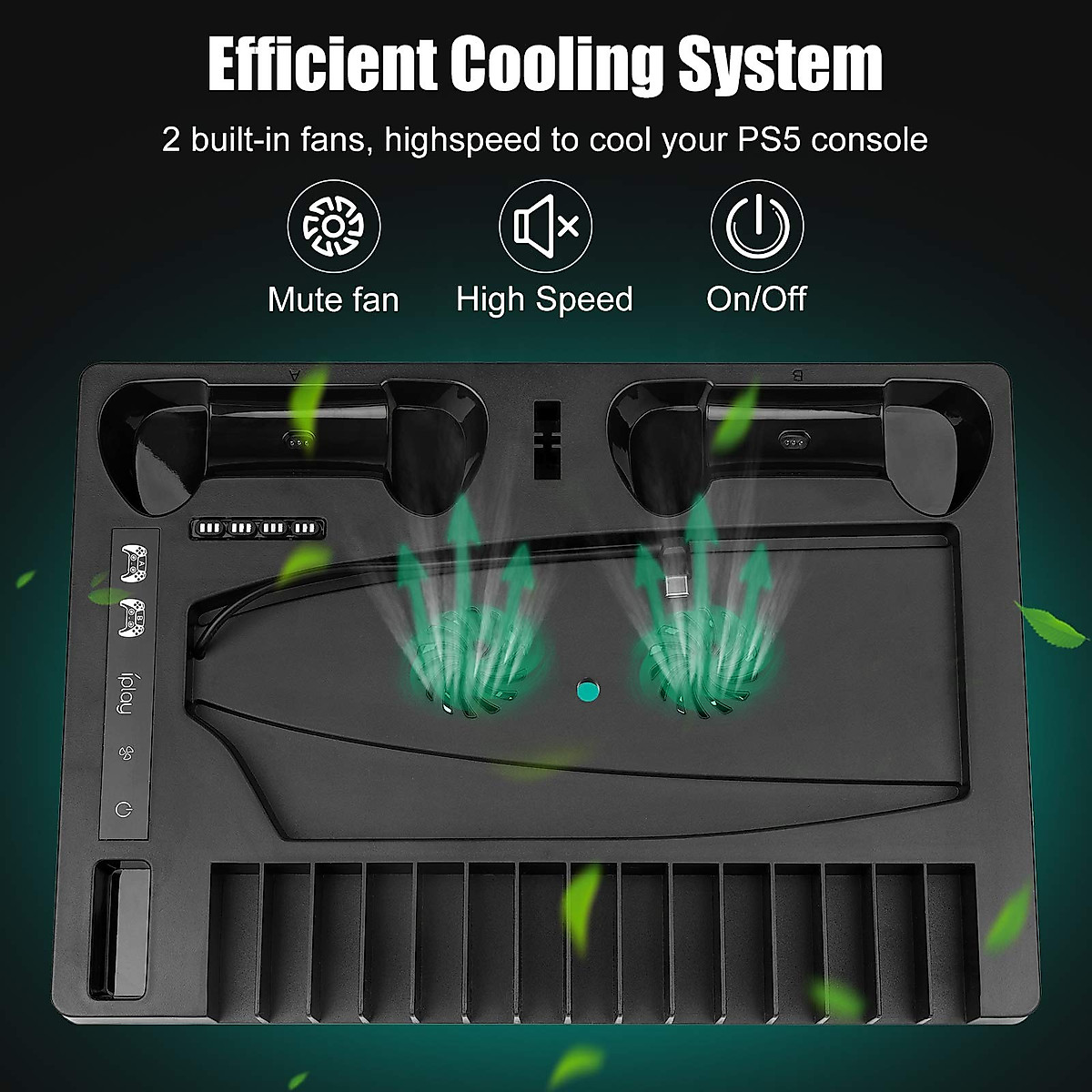 Linkstyle PS5 Vertical Stand with Cooling fan Dual PS5 Controller Charging Station Dock Led Indicator, 15 Game Storage, and Headset Holder for PS5 Console PS5 Digital Edition Console accessories