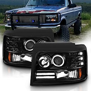 AmeriLite LED Halo Bar Projector Replacement Halogen Car Headlights Set For Ford F-150/F250/F350/Bronco - Passenger Right and Driver Left Side, Vehicle Light Assembly, Black
