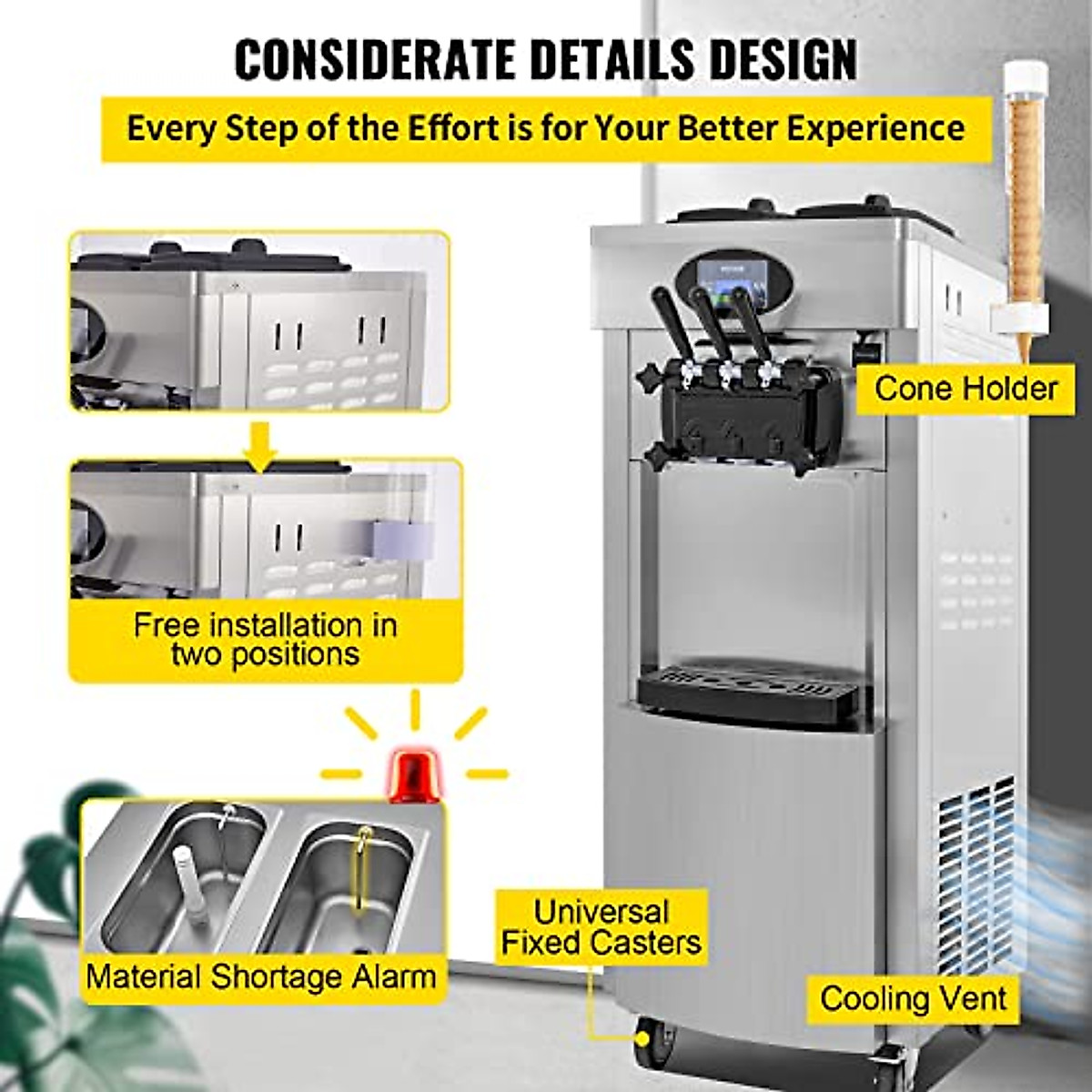 VEVOR 2200W Commercial Soft Ice Cream Machine 3 Flavors 5.3 to 7.4Gallon per Hour PreCooling at Night Auto Clean LCD Panel for Restaurants Snack Bar, Sliver