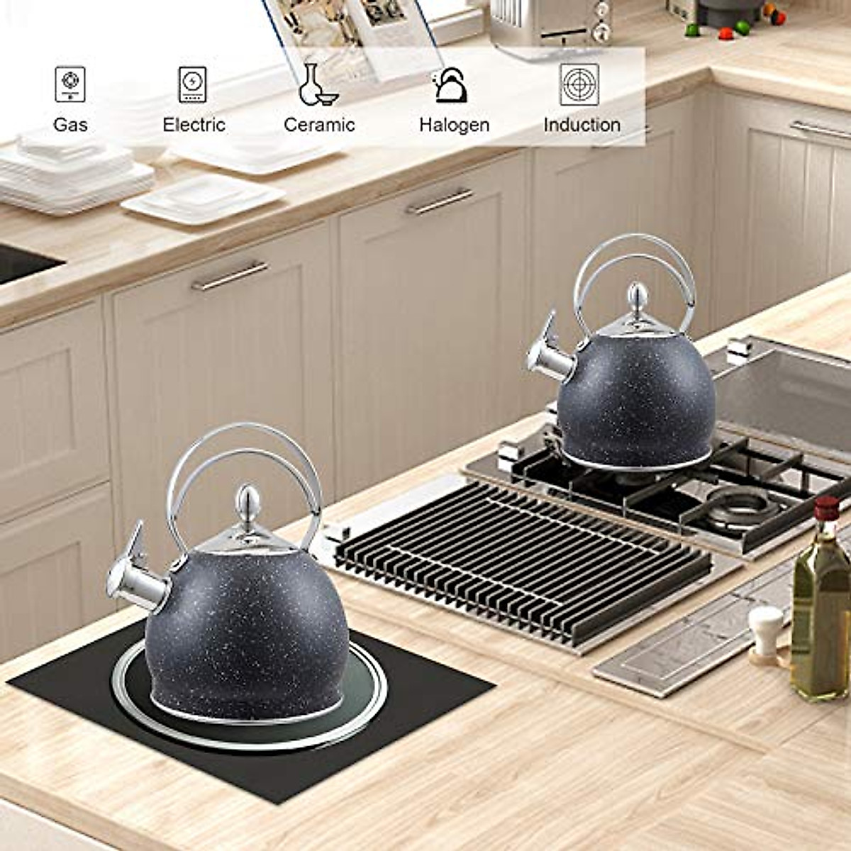 Creative Home 2.5 Qt. Stainless Steel Whistling Tea Kettle Teapot with Aluminum Capsulated Bottom for Fast Boiling Heat Water, for Induction Stove Top, Opaque Black with Speckle