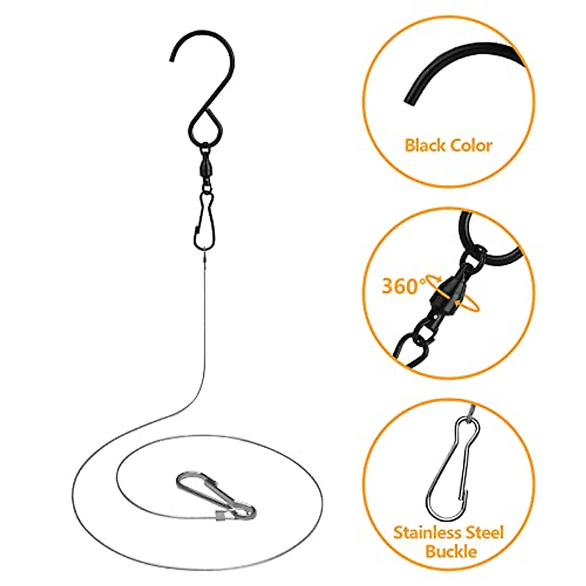XLDLQU 5 Pack Black Swivel Hooks, 360° Stainless Steel S Hook Clips with 12.5 inch Extended Wirerope for Hanging Wind Spinners, Wind Chimes, Bird Feeder, Crystal Twisters (5 Pack)